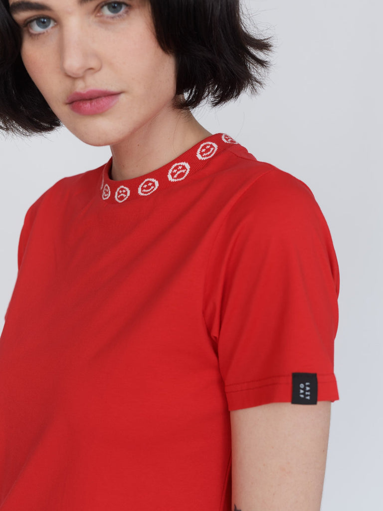 Red Jacquard Collar Fitted Tee – Lazy Oaf