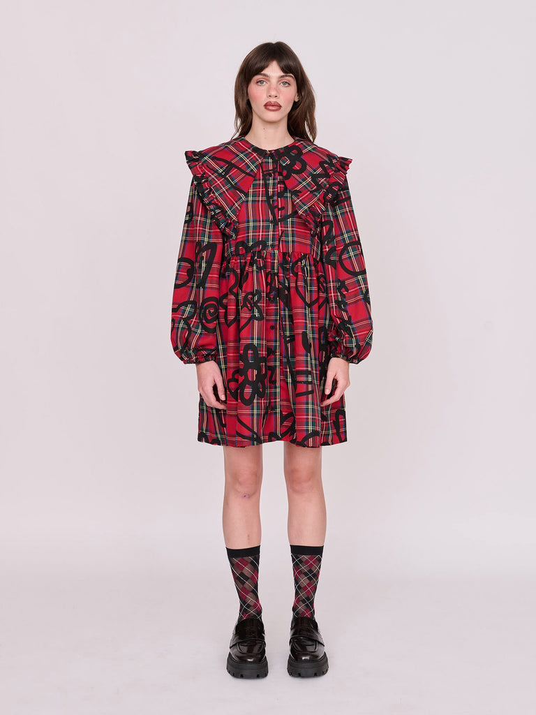 Tartan Scribble Ruffle Collar Dress – Lazy Oaf