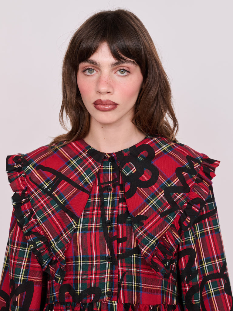 Tartan Scribble Ruffle Collar Dress – Lazy Oaf