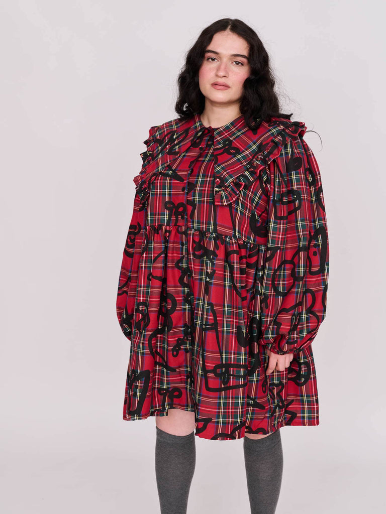 Tartan Scribble Ruffle Collar Dress – Lazy Oaf